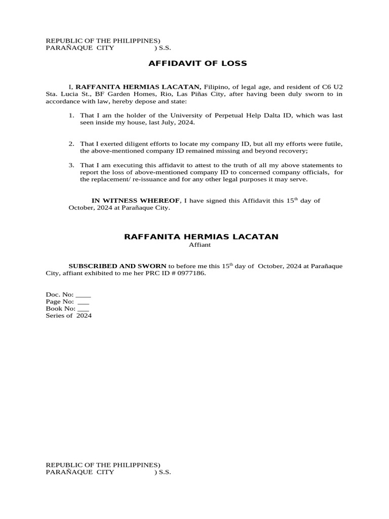 Affidavit of loss-ID's Lacatan | PDF