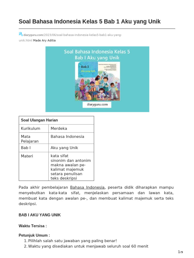 Soal Bahasa Indonesia Kelas 5 Bab 1 Aku Yang Unik | PDF
