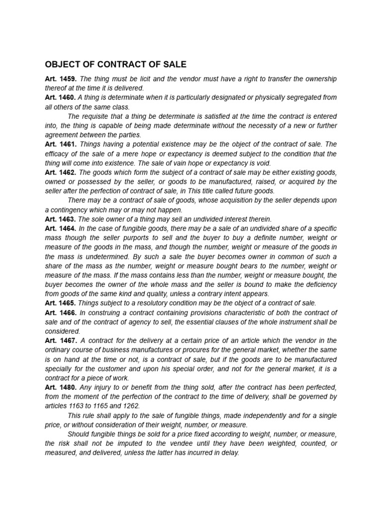 Object of Contract of Sale: Art. 1459. Art. 1460 | PDF