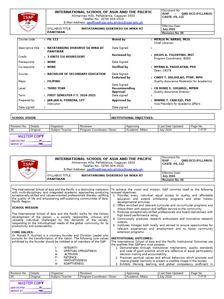 Bsed Fil 3 - Natatanging Diskurso Sa Wika at Panitikan Syllabus 2024 ...