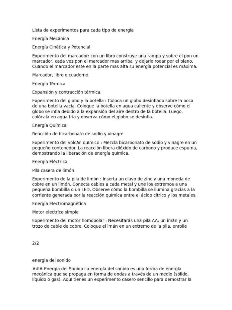 Lista de Experimentos para Cada Tipo de Energía | PDF