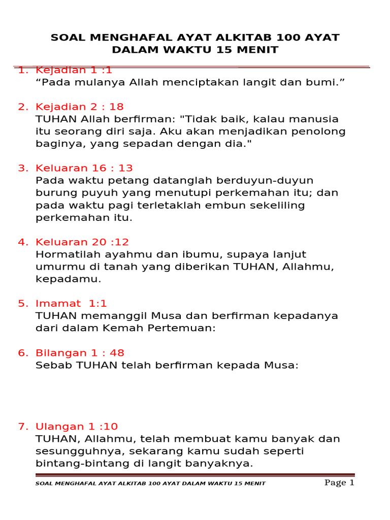 SOAL MENGHAFAL AYAT ALKITAB 100 AYAT DALAM WAKTU 15 MENIT (Repaired) | PDF