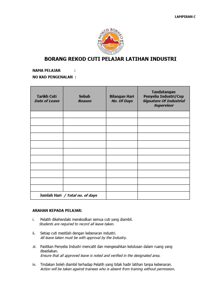 LAMPIRAN C-Rekod Cuti Pelajar 2 | PDF