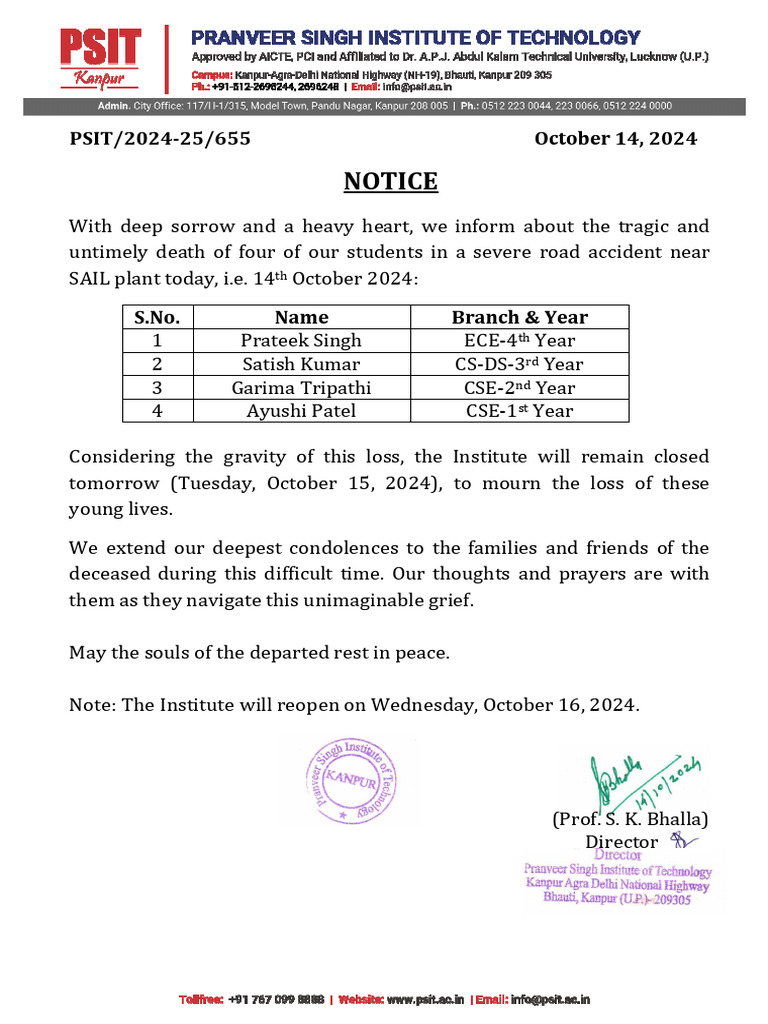 Institute Closed On 15th October-2024 Due To Mourning For The Loss of ...