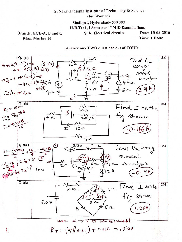 Electrical Circuits 2nd Btech 1st Mid Examination Aug2016 | PDF
