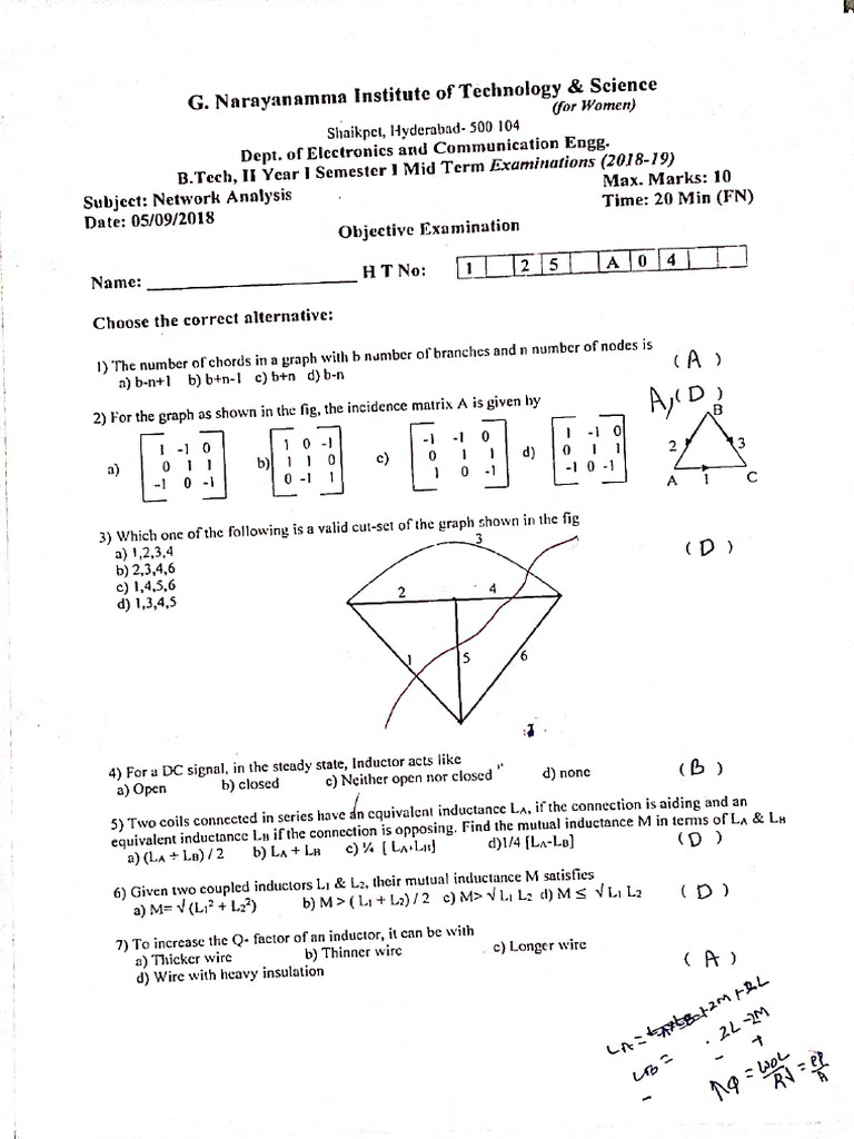 Network Analysis 2nd Btech 1st Semester 1st Mid Team Examination (2018-2019) | PDF