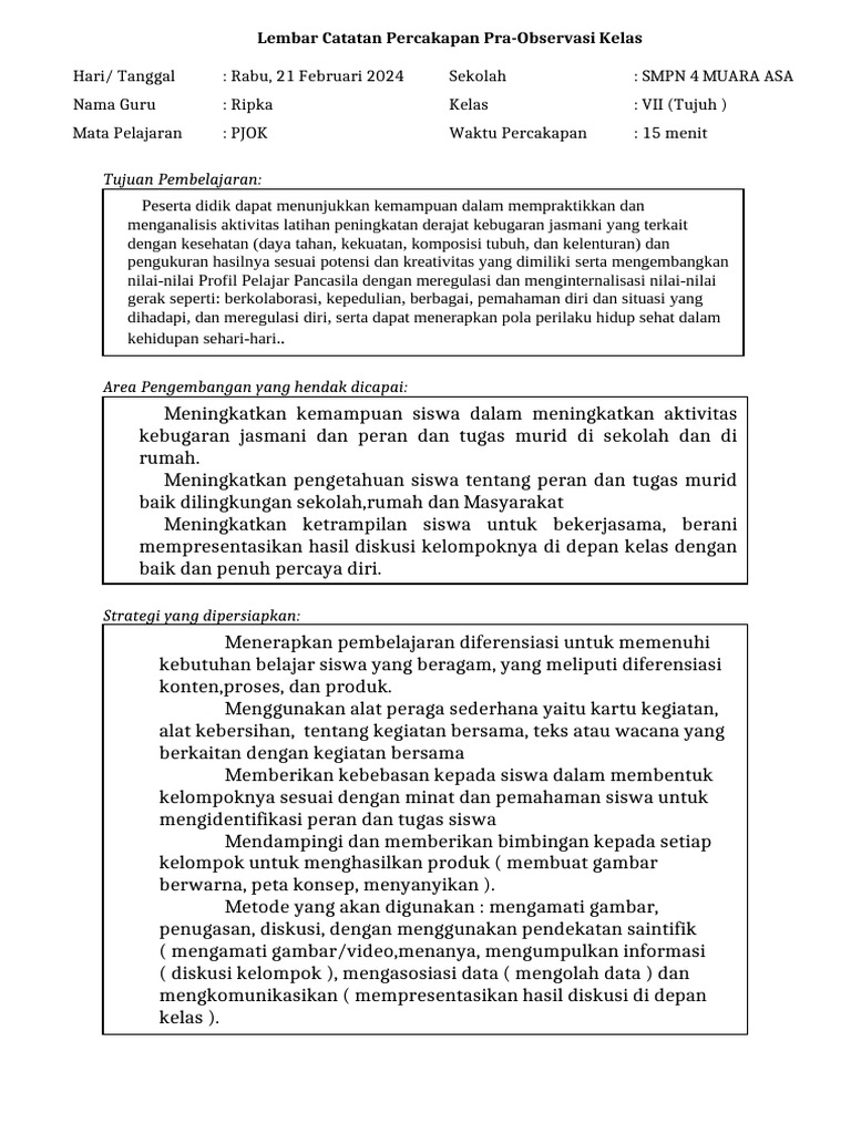 1 - Lembar Catatan Percakapan Pra-Observasi Kelas-2 | PDF