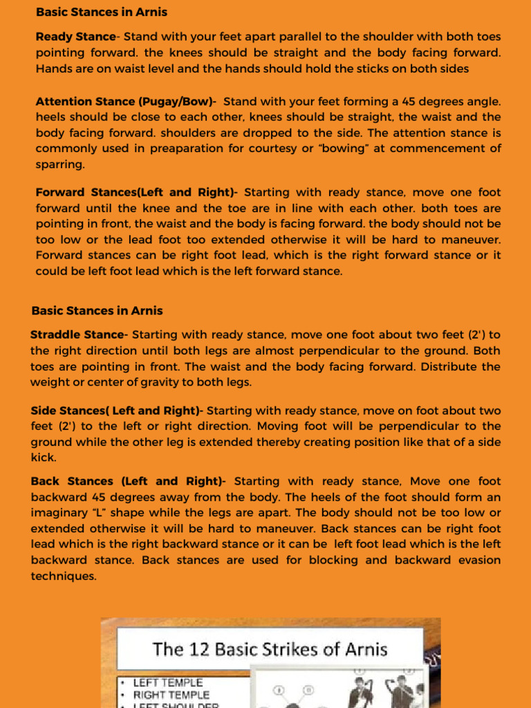 Arnis Basic Strikes and Stances | PDF | Cooking, Food & Wine | Language Arts & Discipline