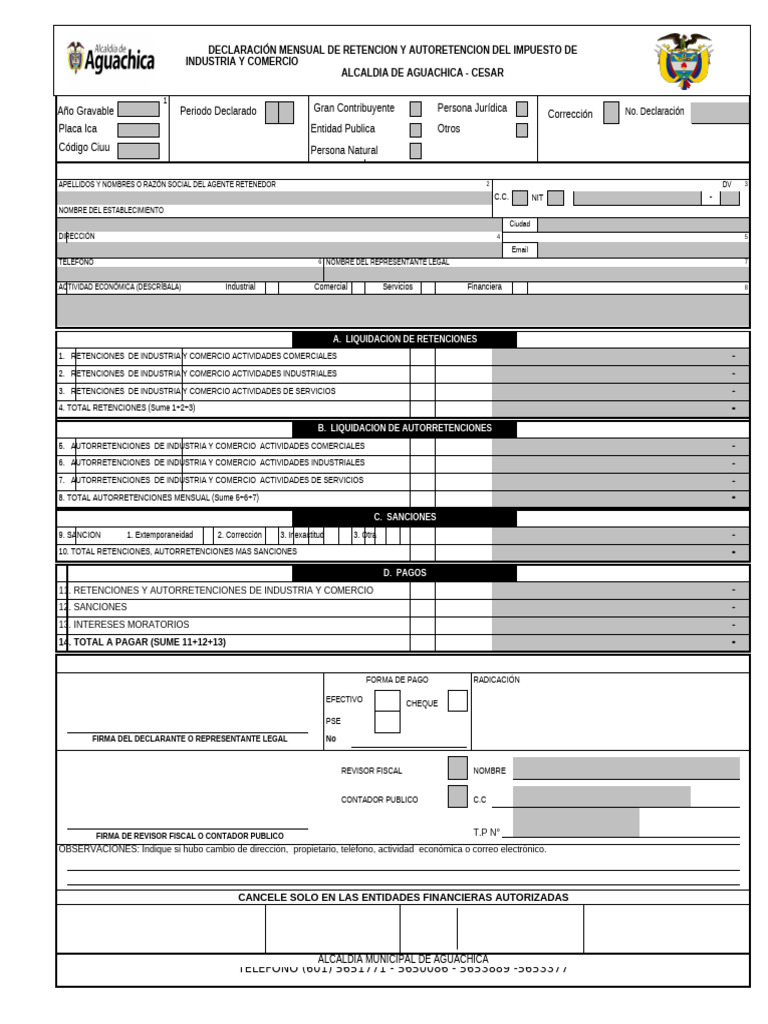Formulario Declaracion Mensual - Retefuente y Autorretencion Ica Alcaldia de Agauchica Ok | PDF