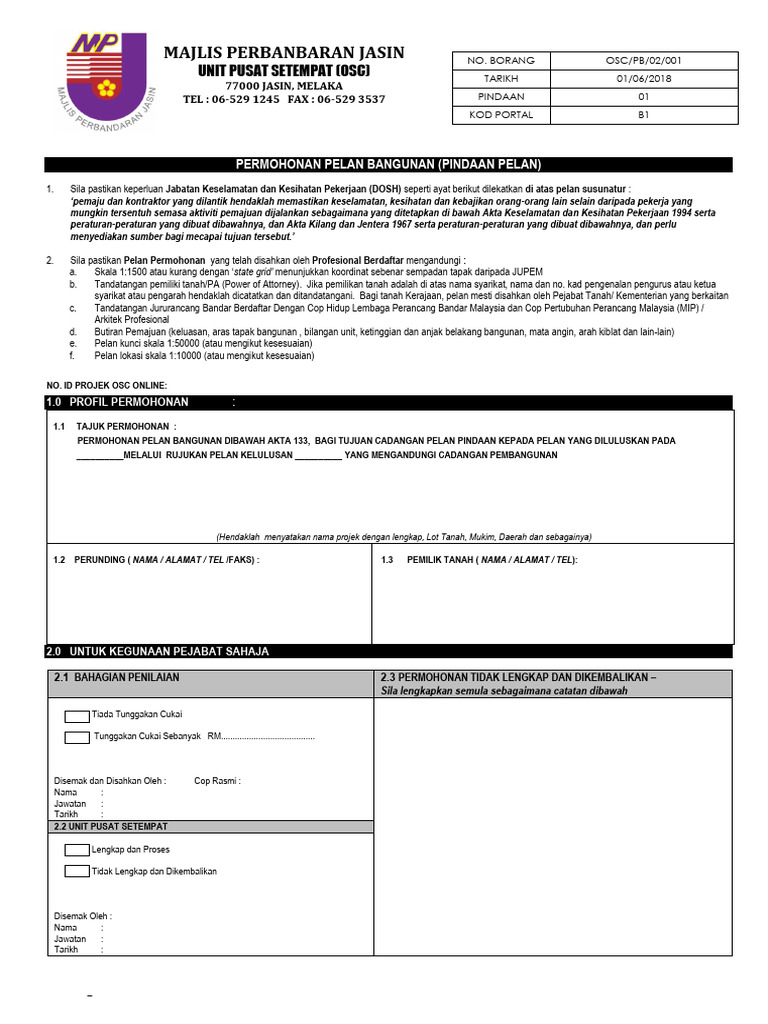 Borang Permohonan Pindaan Pelan Bangunan Osc PB 02 001-1 | PDF