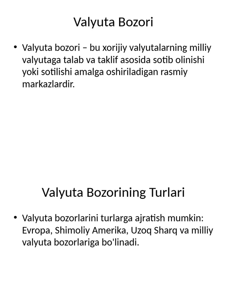 Valyuta Bozori Presentation Uzbek | PDF