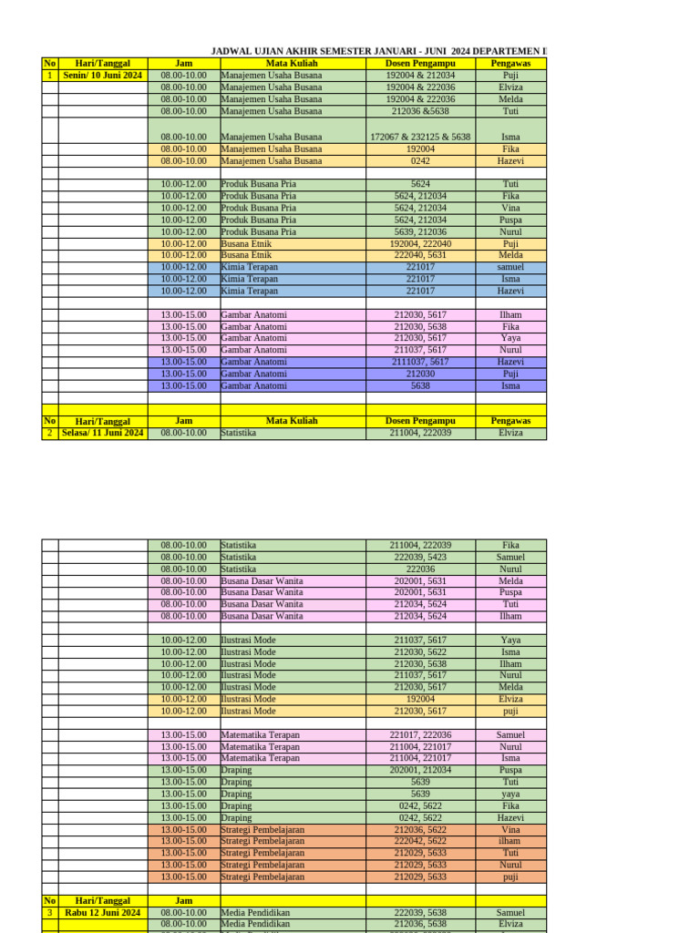 Jadwal Uas s1 Busana Jan Jun 2024 | PDF