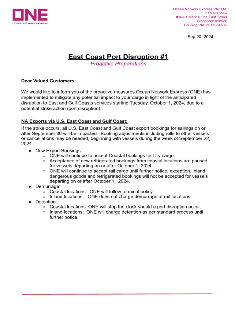 Customer Advisory - East Coast Port Disruption #1 | PDF