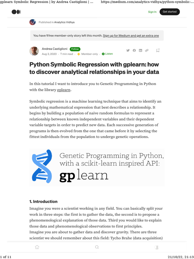 Gplearn SymbolicRegression AnalyticsVidhya Medium-Com | PDF | Machine Learning | Regression Analysis