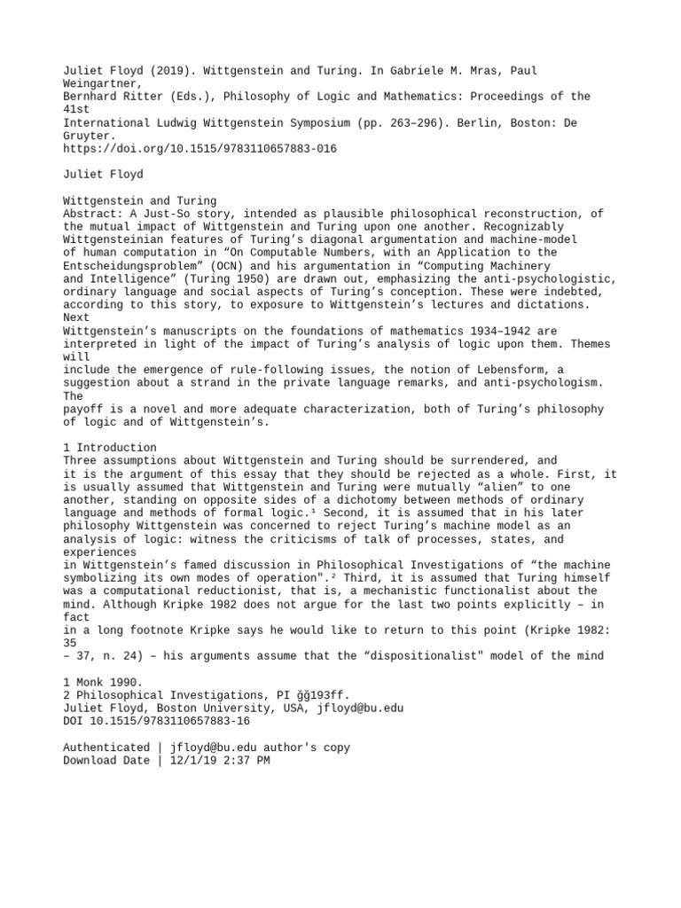 Wittgenstein and Turing | PDF | Ludwig Wittgenstein | Logic