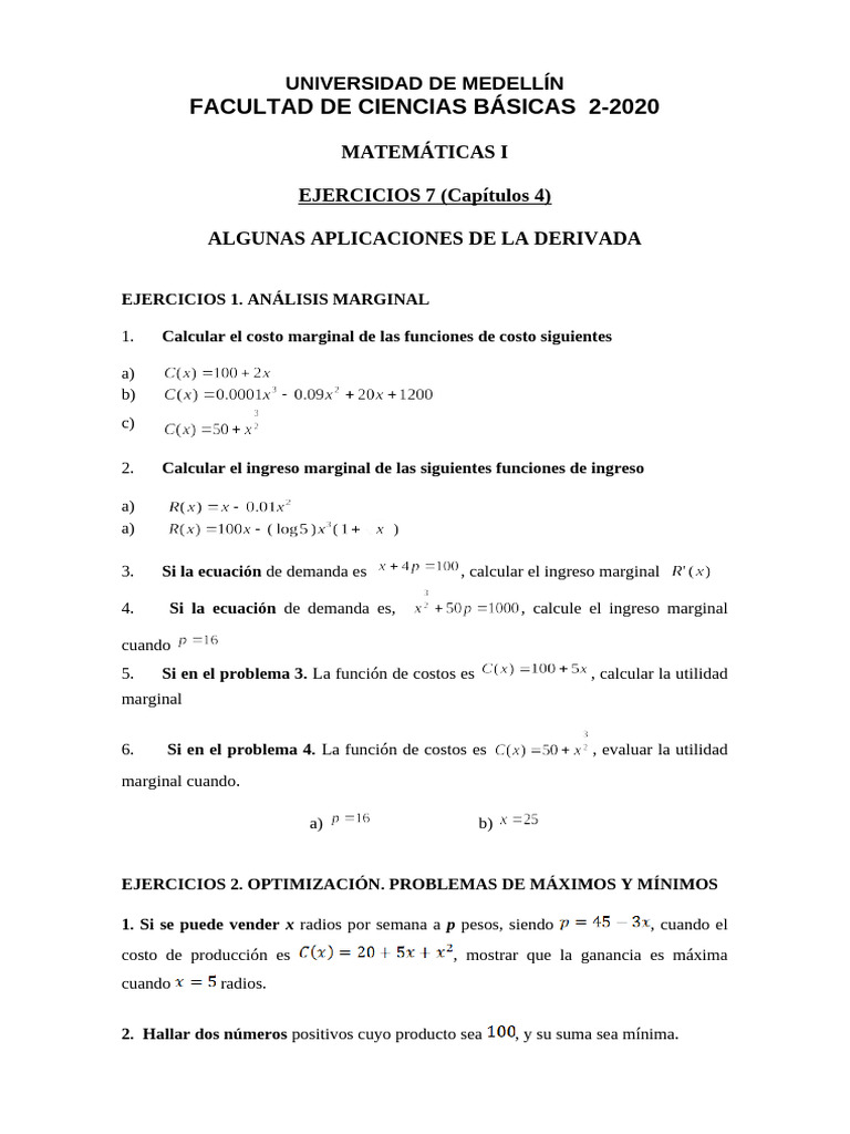TALLER 7-MatemÃ¡ticas I | PDF