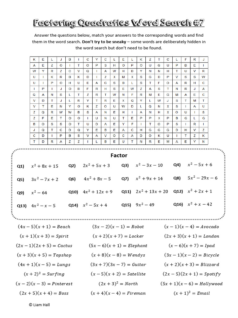 Factoring Quadratics Word Search #7 | PDF