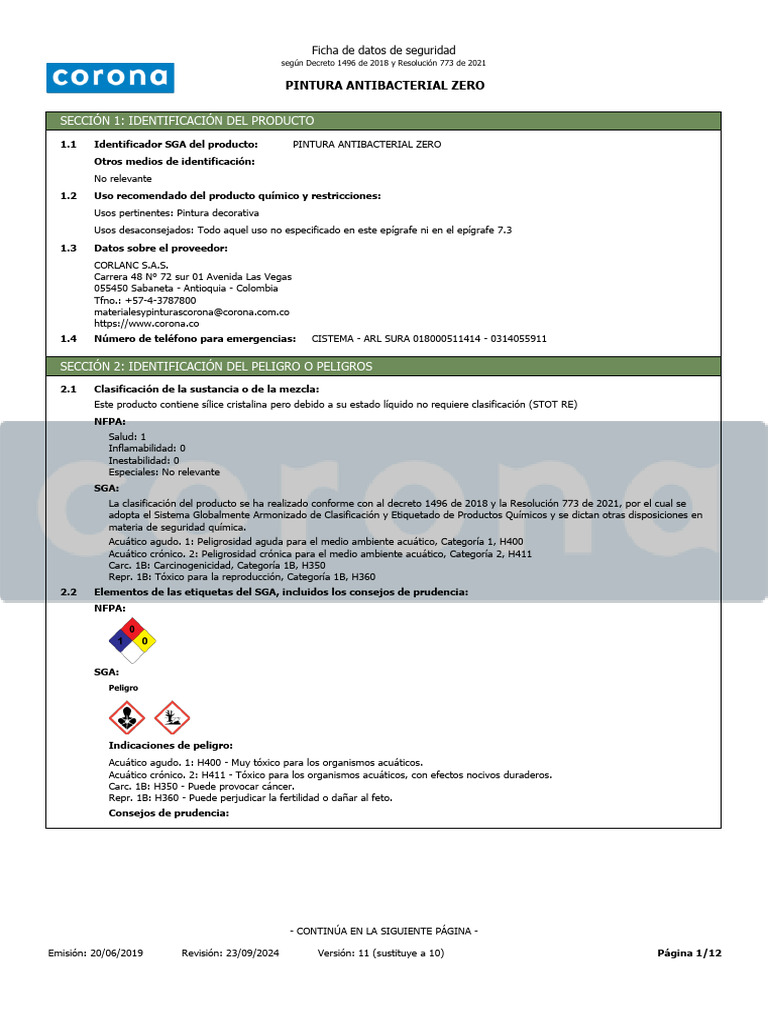 407971001-Ficha-De-Seguridad Pintura Antibacterial Corona Colombia | PDF