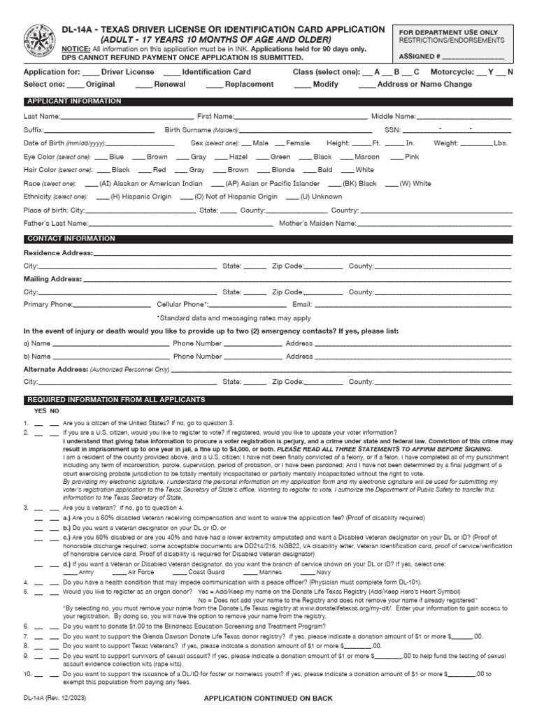 (Adult - 17 Years 10 Months of Age and Older) : Dl-14A - Texas Driver ...