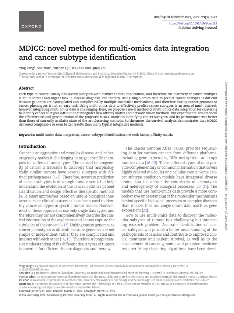MDICC- Novel Method for Multi-omics Data Integration and Cancer Subt | PDF