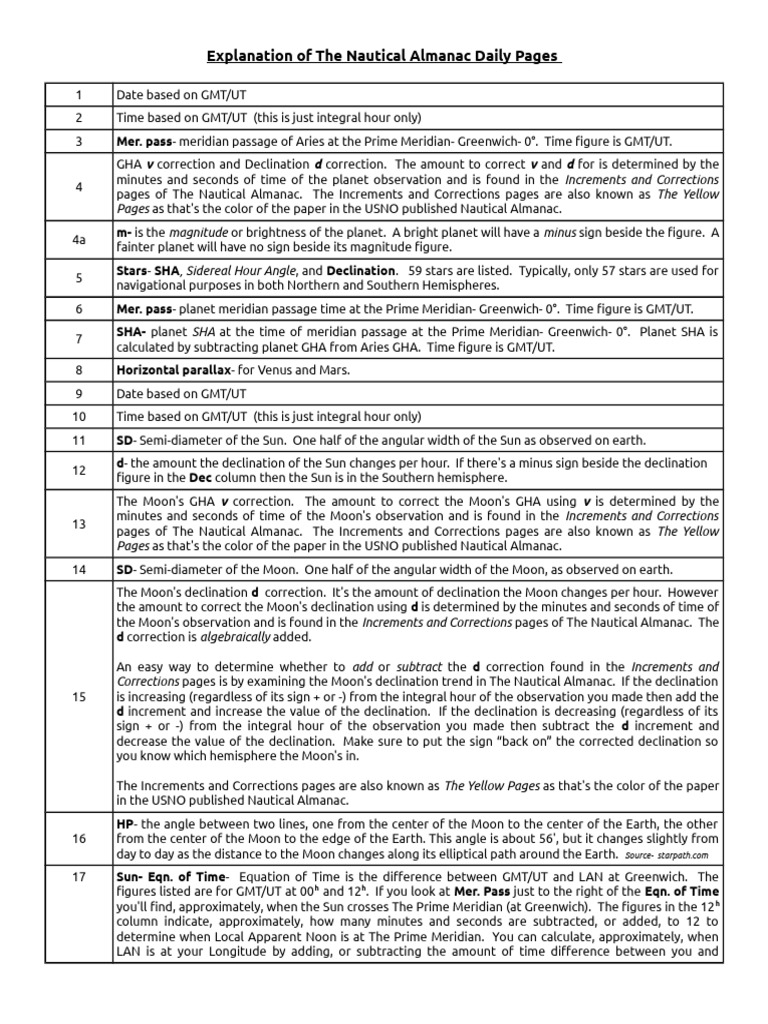Explanation of The Nautical Almanac Daily Pages COMPLETE | PDF