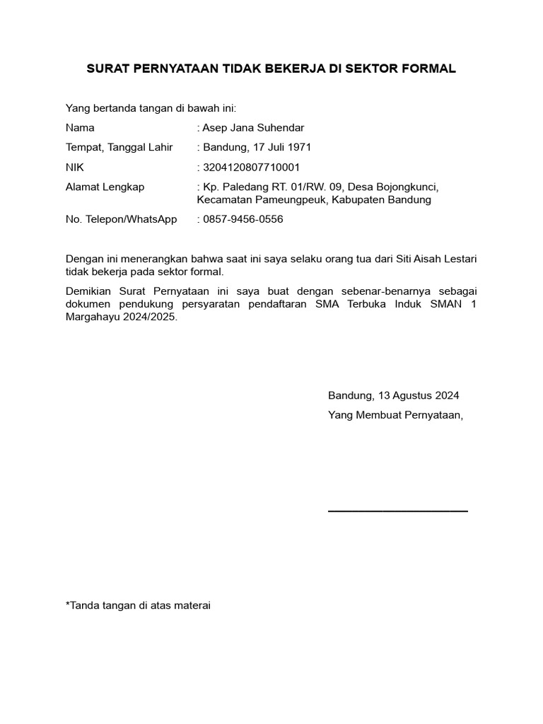 Surat Pernyataan Tidak Bekerja Di Sektor Formal | PDF