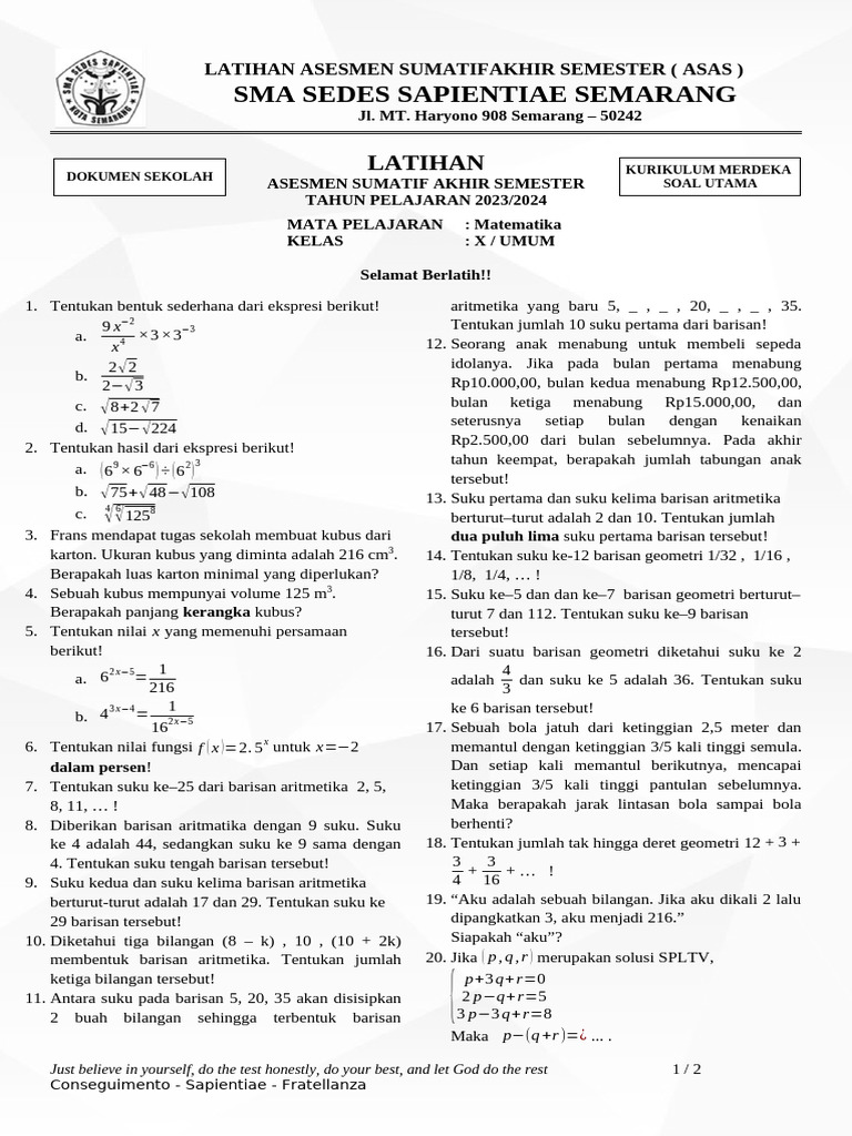 Latihan Asas Mat x 2023 | PDF