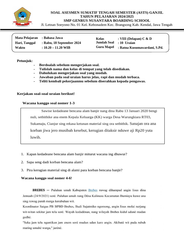 Soal Basa Jawa Kelas 8 Asts Ganjil 2024-2025 | PDF