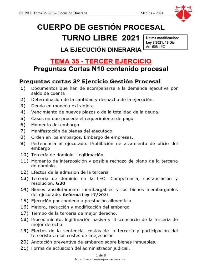 Preguntas Cortas n10 - Tema 35 (3º Ejercicio) Ejecucion Dineraria 2021 16-Dic | PDF