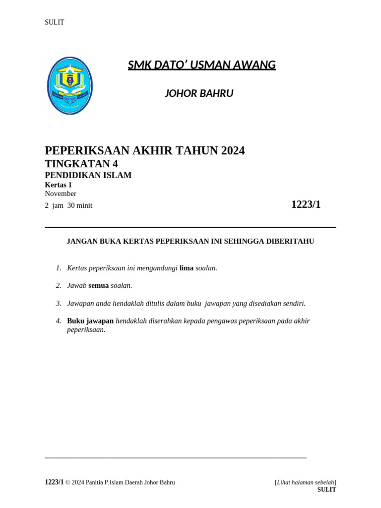 Soalan PPT Pi t4 2024 Set 1 | PDF