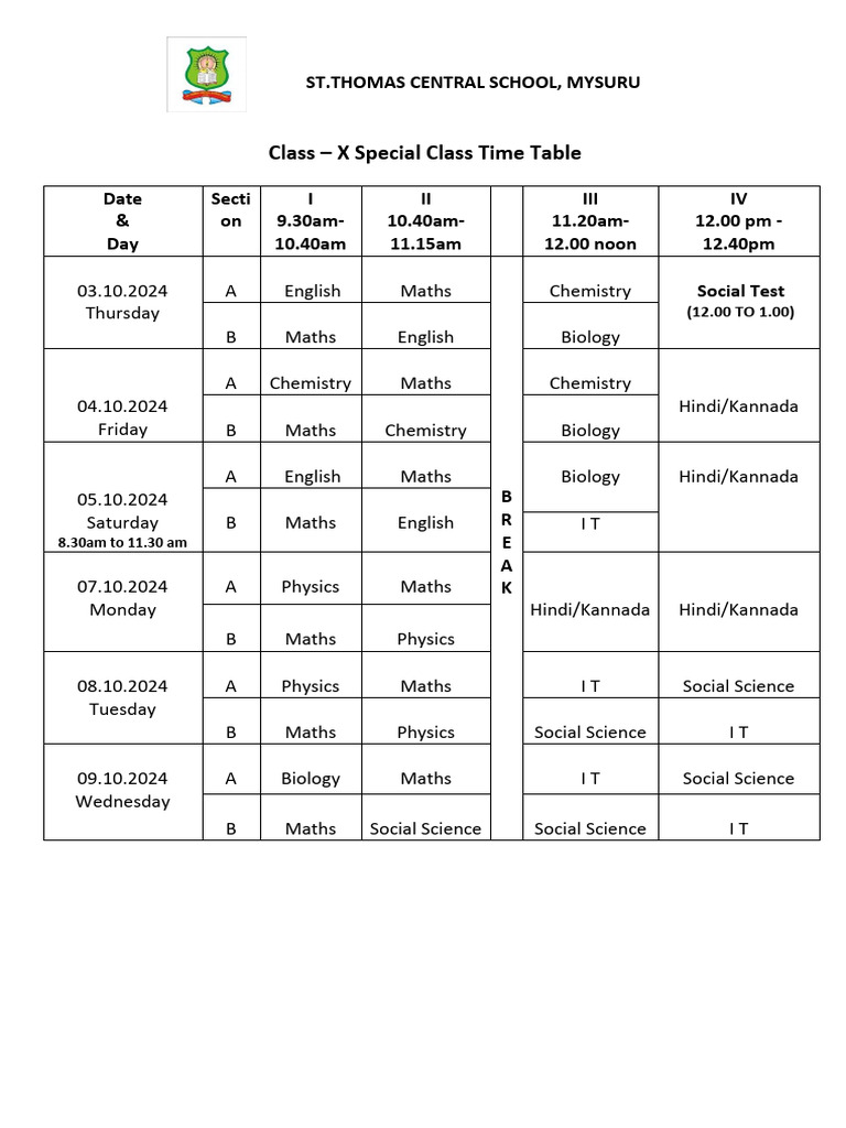 Special time table- Class X | PDF