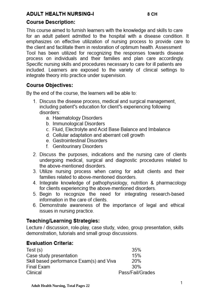 Adult Health Nursing (Outline) | PDF