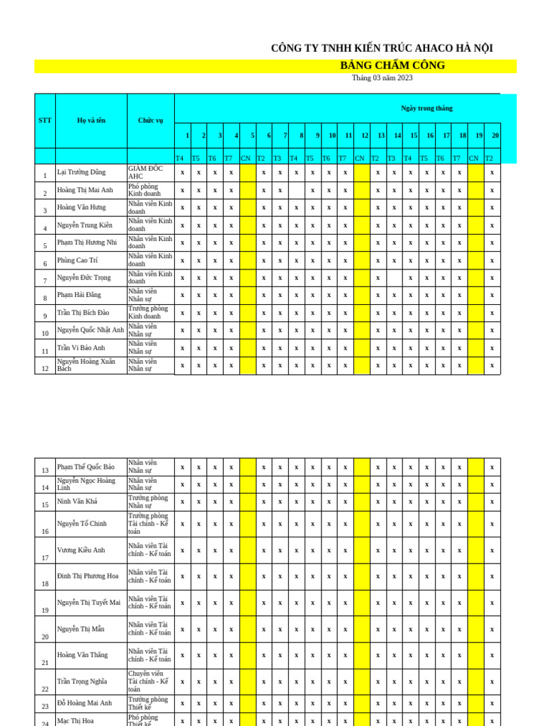 Mau Bang Cham Cong (V2) Excel | PDF