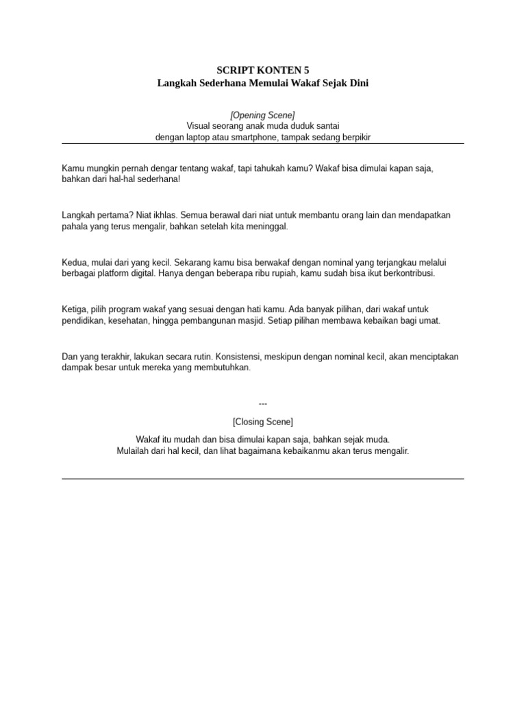 SCRIPT KONTEN 5 - Langkah Sederhana Memulai Wakaf | PDF