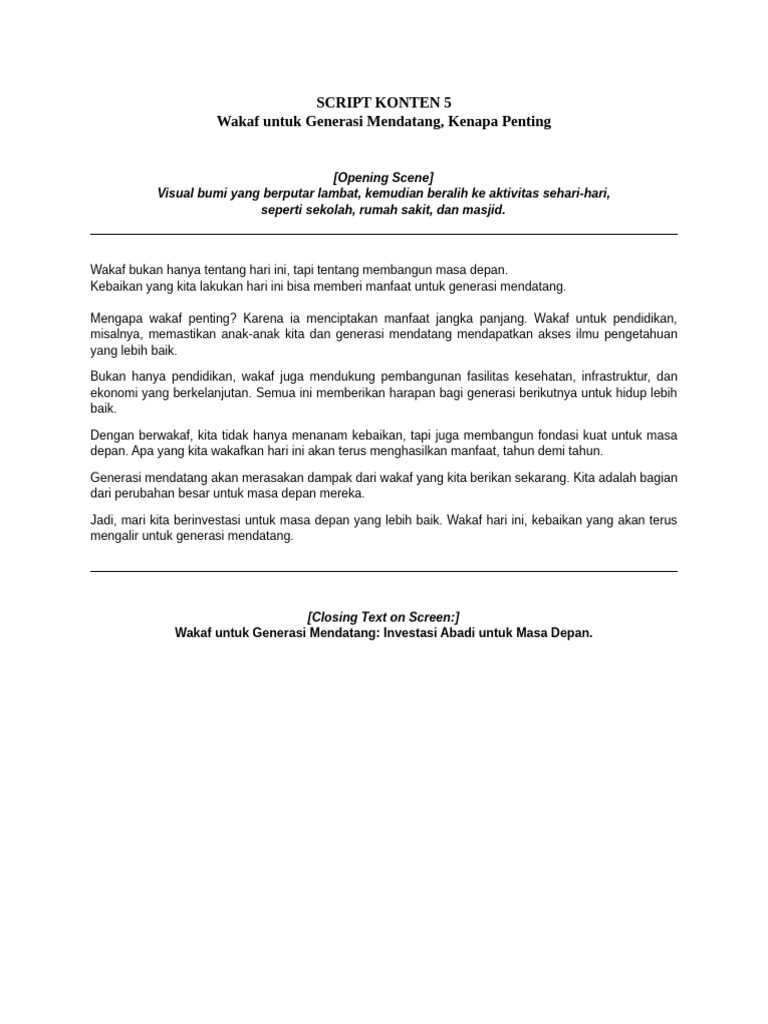 SCRIPT KONTEN 6 - Wakaf Untuk Generasi Mendatang | PDF