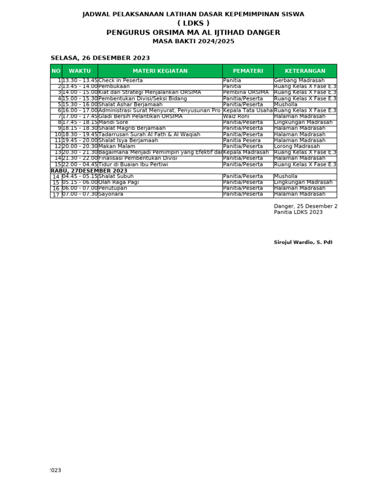 Jadwal Kegiatan LDKS Orsima | PDF