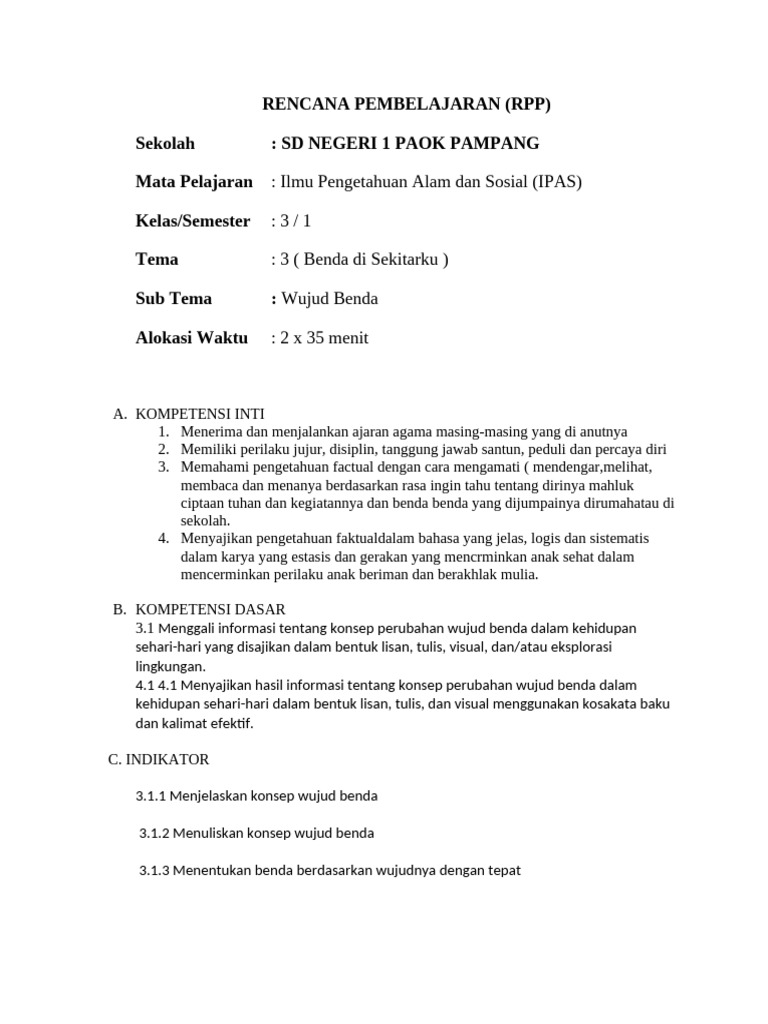 Rpp Ipas Wujud Benda Kelas 3 Pdf
