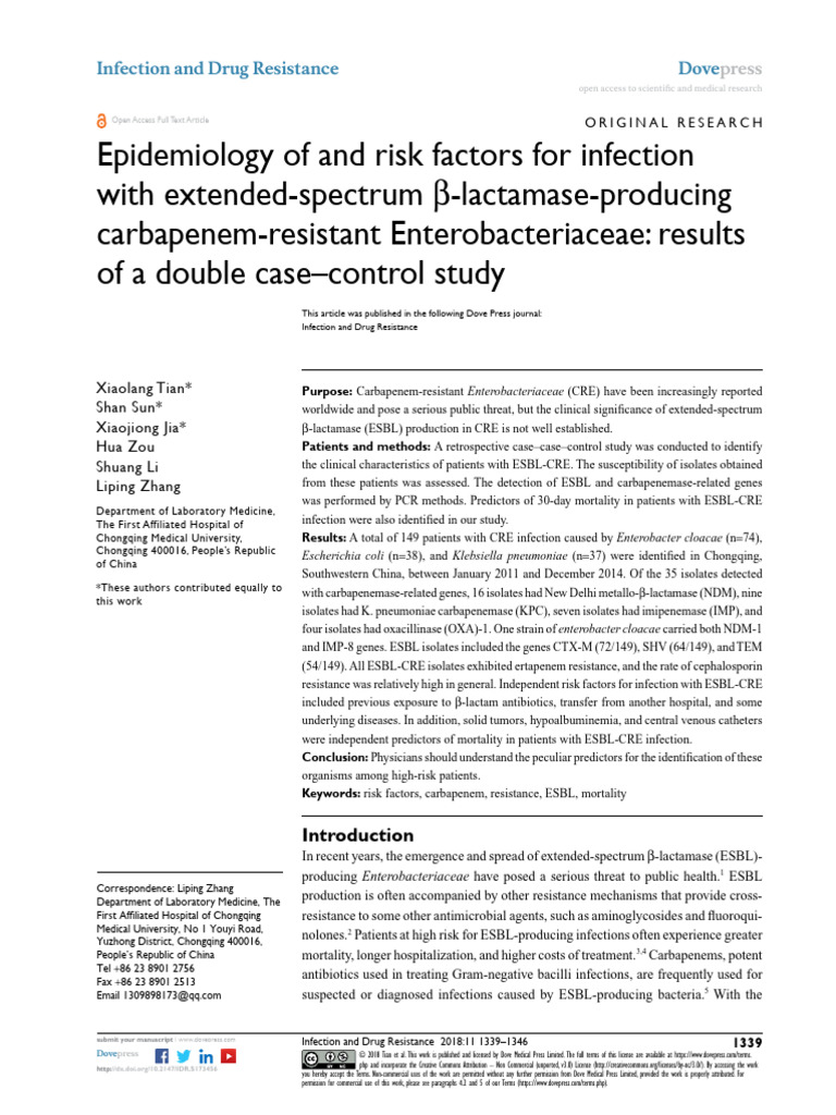 Epidemiology of and Risk Factors For Infection With ESBL Producing CRE ...