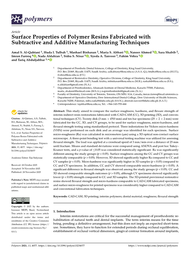 Surface Properties of Polymer Resins Fabricated With Subtractive and ...