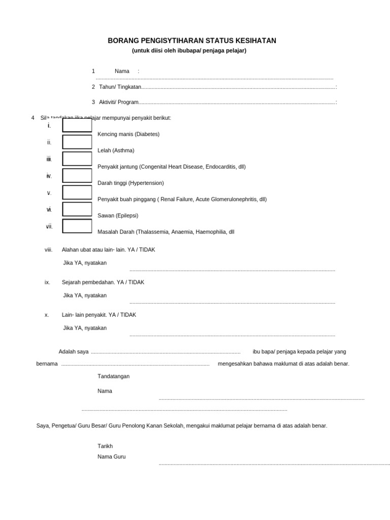 Borang Pengisytiharan Status Kesihatan | PDF