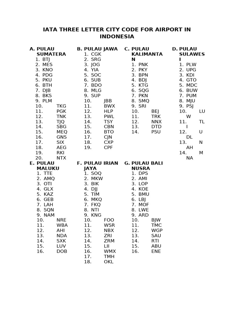 Iata Three Letter City Code For Airport in Indonesia | PDF