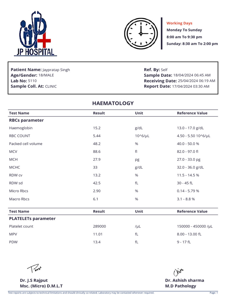 Blood Test Report for Jaypratap Singh | PDF | Granulocyte | Hematology