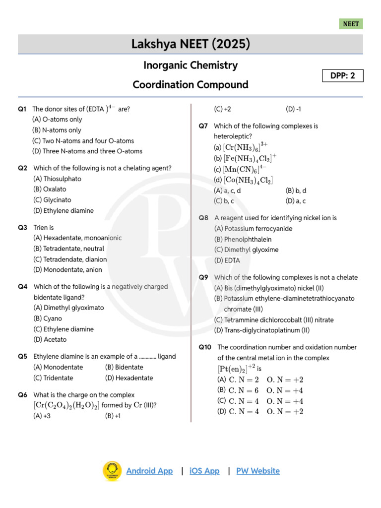 Coordination Compound DPP 02 (Lecture 03) | PDF