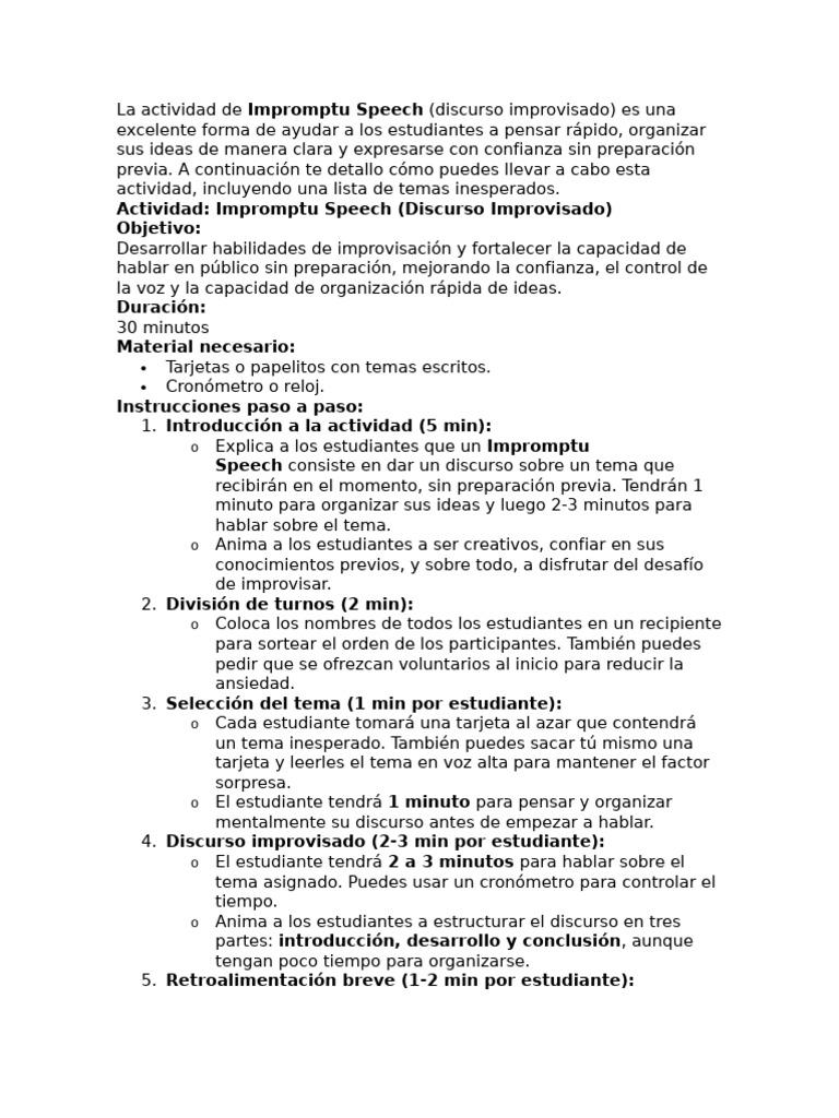 Discurso Improvisado - Actividad | PDF