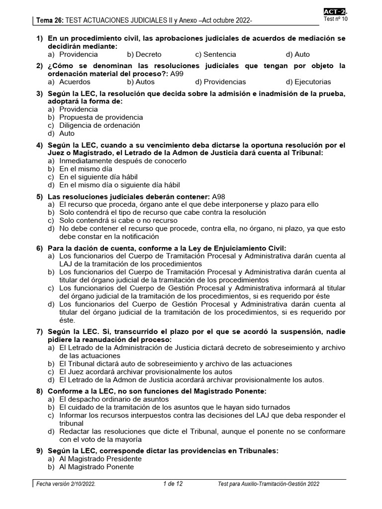 Test N-10 ACT-2 -OCTUBRE 2022- | PDF