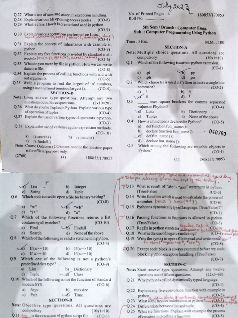 PYTHON Paper July 2023 | PDF