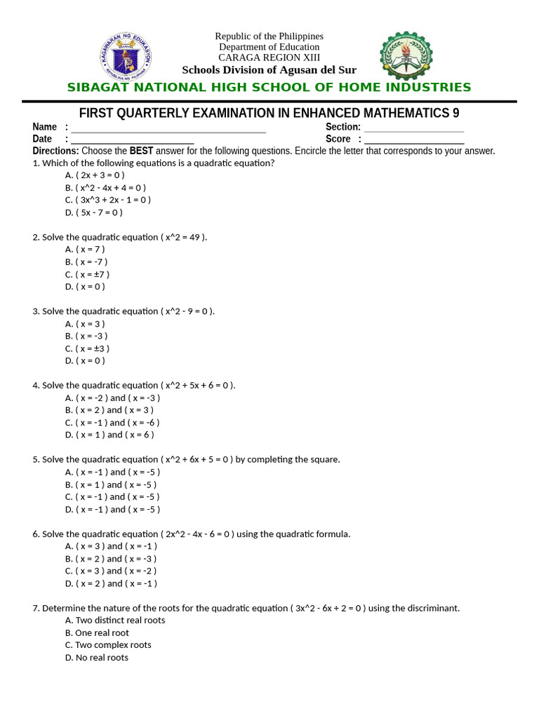 Enhanced Mathematics 9 Exam Guide | PDF | Equations | Mathematical Concepts