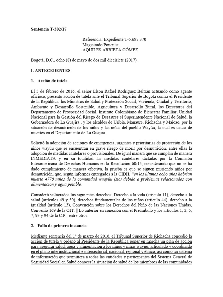 Sentencia T 302 - 2017 Resumen 5 JB W REV AE - 14-11-2023 | PDF