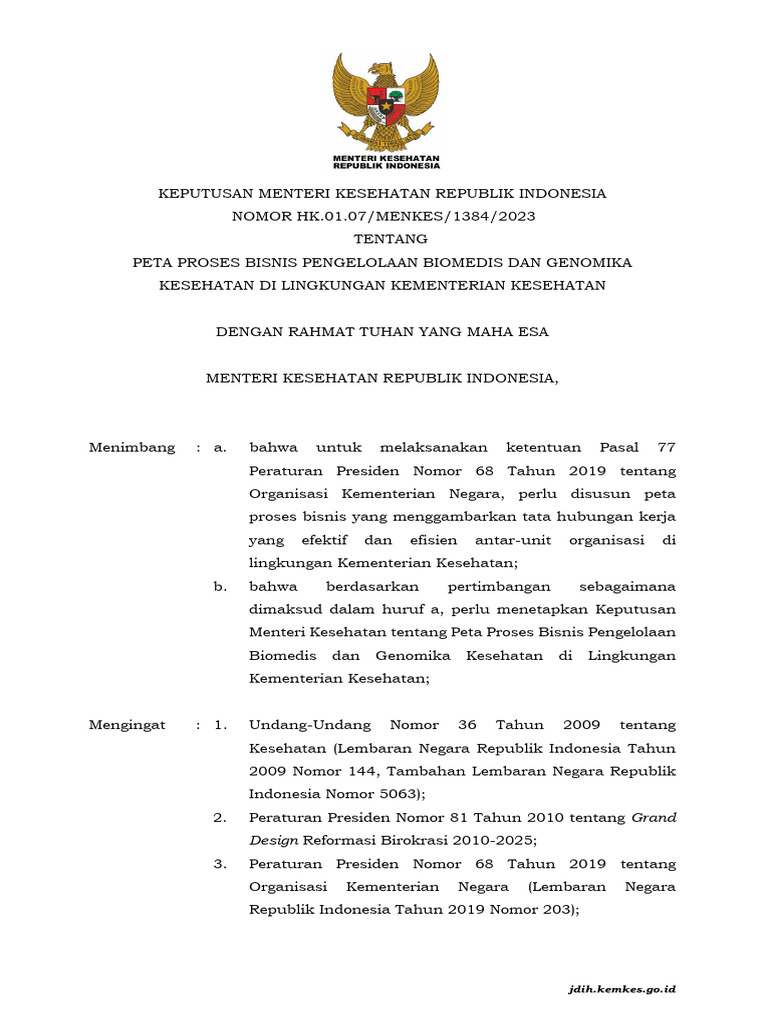 KMK No. HK.01.07-MENKES-1384-2023 TTG Peta Proses Bisnis Pengelolaan Biomedis Dan Genomika ...