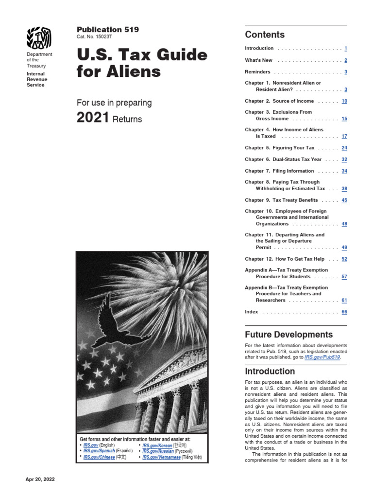 U.S. Tax Guide For Aliens: Publication 519 | PDF | Income Tax In The ...